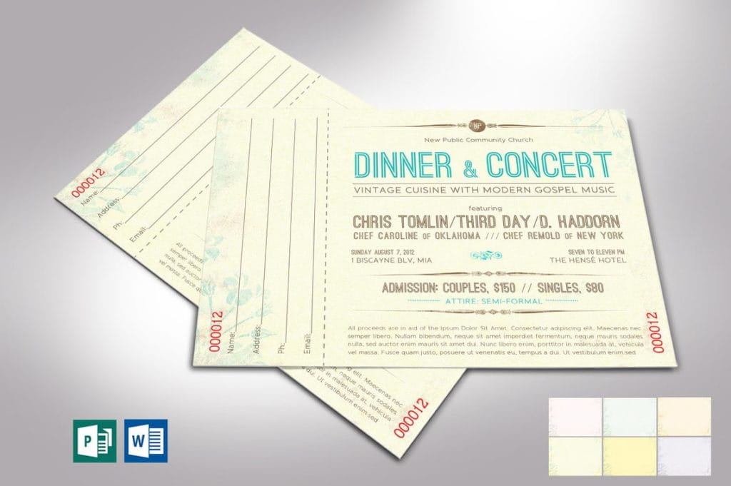 Vintage Dinner Concert Ticket Word Publisher Template » Inspiks Market